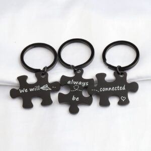 MYOSPARK We Will Always Be Connected Puzzle Keychain Set Of 3 Long Distance Relationship Gift For Best Friends Family (3PCS Connected Keychain black)