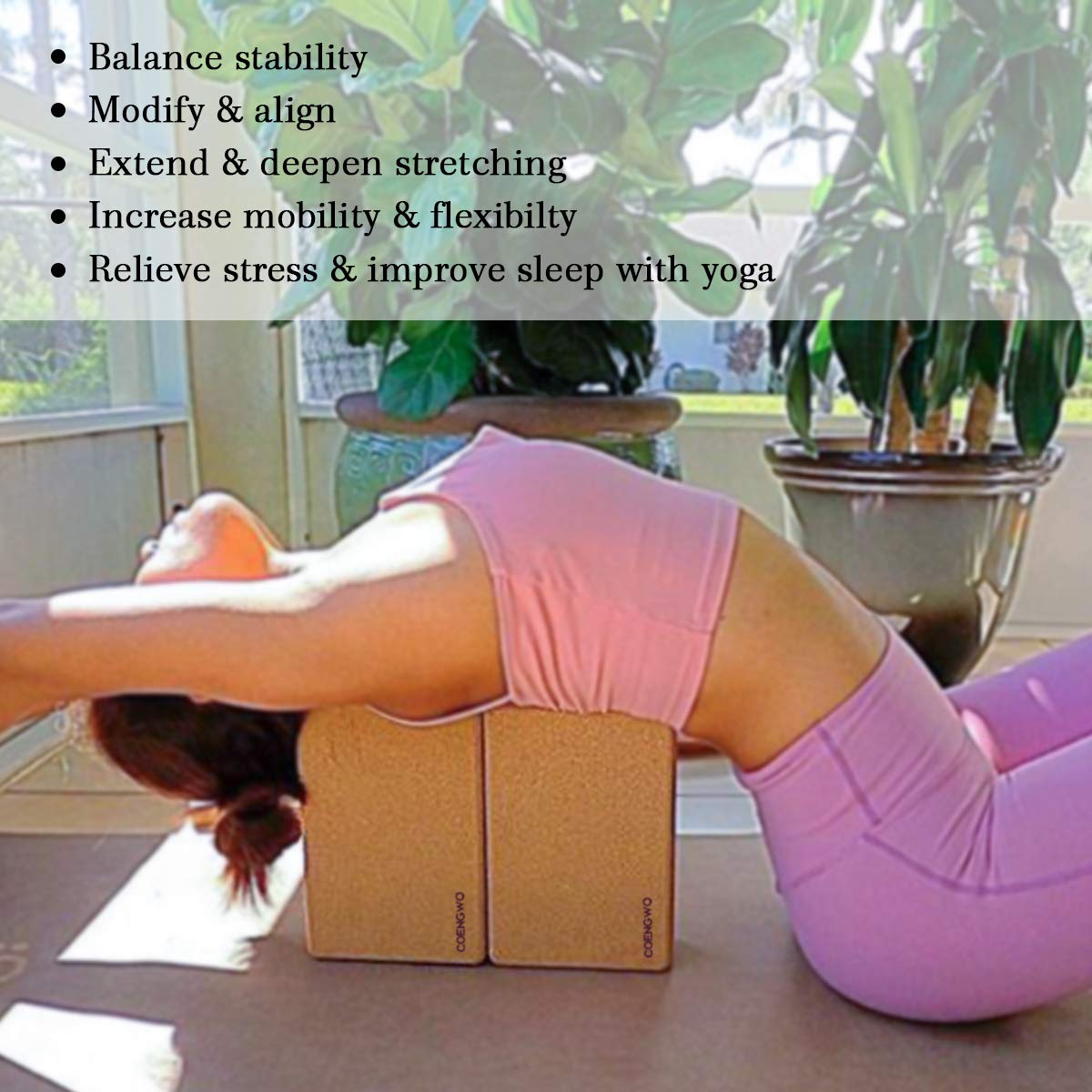 Yoga Blocks Cork, COENGWO Cork Yoga Brick, 100% Eco Friendly Yoga Cork Blocks, Supportive Balance Deepen Poses for Yoga Beginners, Stretch, Pilates, Meditation, 9x6x3 Inches, 2 Pack