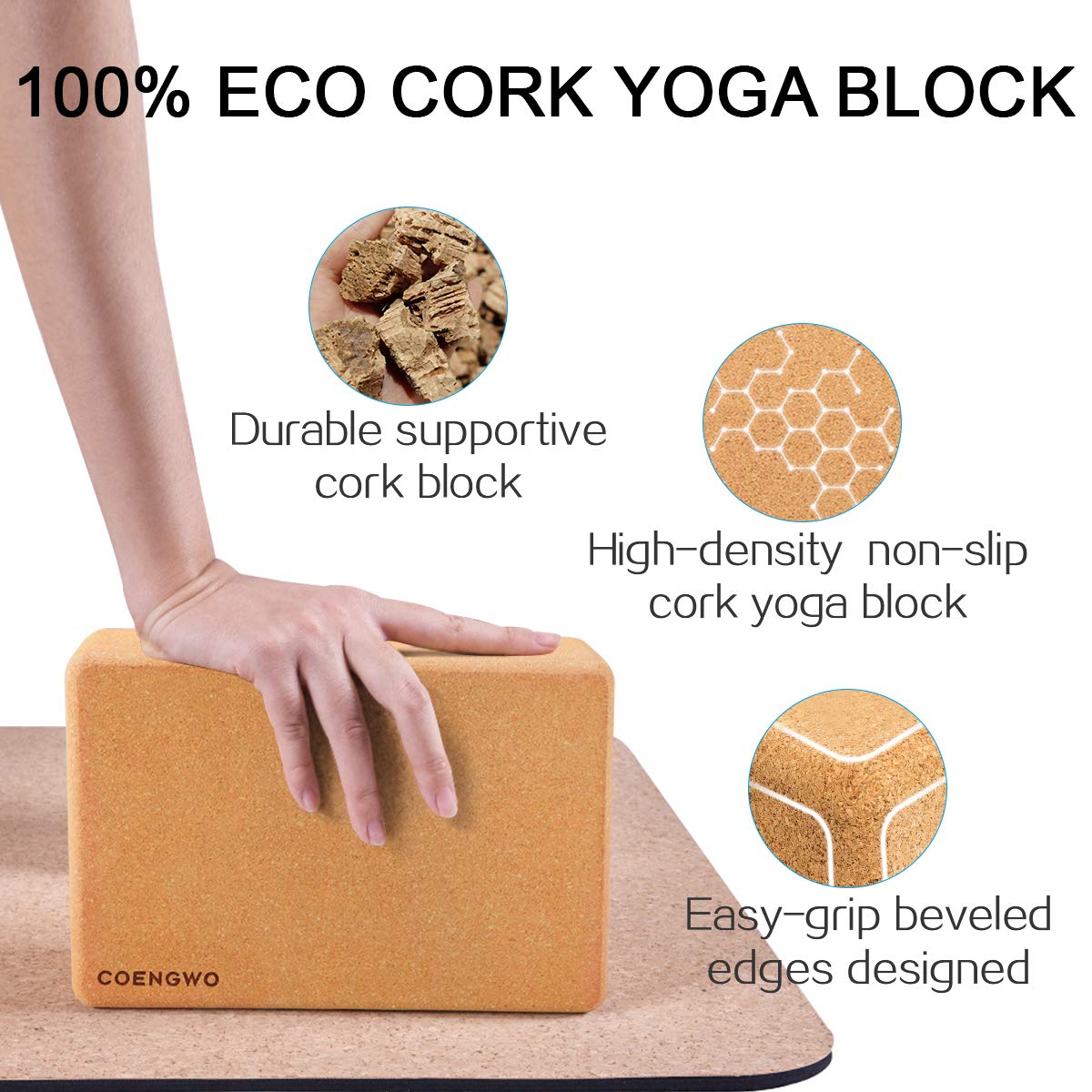 Yoga Blocks Cork, COENGWO Cork Yoga Brick, 100% Eco Friendly Yoga Cork Blocks, Supportive Balance Deepen Poses for Yoga Beginners, Stretch, Pilates, Meditation, 9x6x3 Inches, 2 Pack