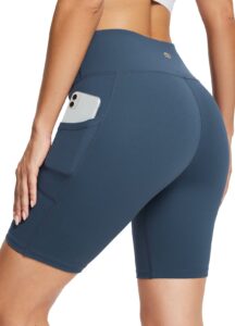 baleaf biker shorts women yoga gym workout spandex running volleyball tummy control compression shorts with pockets soft 8" blue xl