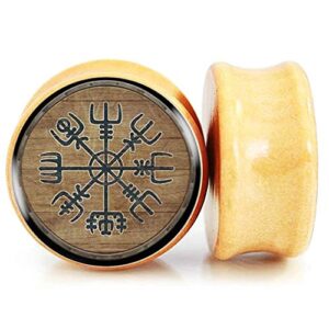 flyun wood ear gauges viking plugs women men ear stretcher expander 8mm-25mm 0 00-1'' double flared saddle plugs earrings piercing jewelry norse vegvisir aegishjalmur (00g (10mm))