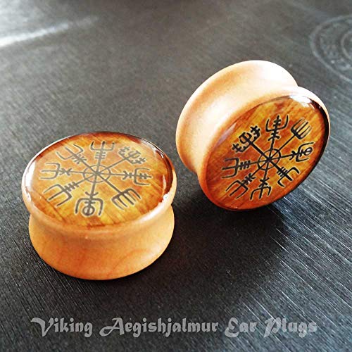 FLYUN Wood Ear Gauges Viking Plugs Women Men Ear Stretcher Expander 8mm-25mm 0 00-1'' Double Flared Saddle Plugs Earrings Piercing Jewelry Norse Vegvisir Aegishjalmur (00G (10mm))