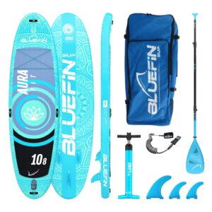 bluefin sup 10′8″ aura fit stand up paddle board kit | 6" thick | fiberglass paddle – fitness & yoga paddle board | water aqua fitness | all accessories | 5 year warranty