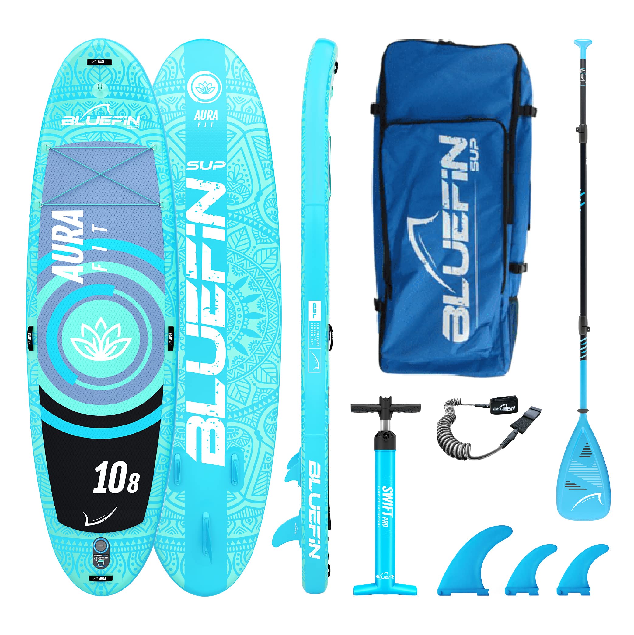 Bluefin SUP 10′8″ Aura FIT Stand Up Paddle Board Kit | 6" Thick | Fiberglass Paddle – Fitness & Yoga Paddle Board | Water Aqua Fitness | All Accessories | 5 Year Warranty