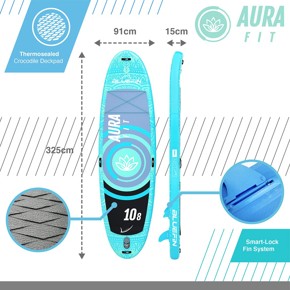 Bluefin SUP 10′8″ Aura FIT Stand Up Paddle Board Kit | 6" Thick | Fiberglass Paddle – Fitness & Yoga Paddle Board | Water Aqua Fitness | All Accessories | 5 Year Warranty