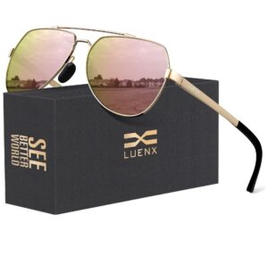 luenx women aviator sunglasses polarized shades flexible spring hinge - pink mirror lens rose gold metal frame 60mm