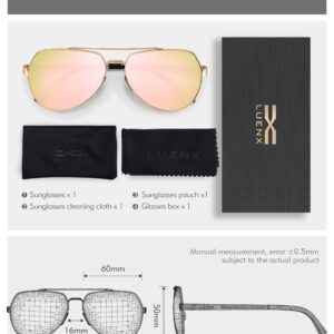 LUENX Women Aviator Sunglasses Polarized Shades Flexible Spring Hinge - Pink Mirror Lens Rose Gold Metal Frame 60mm