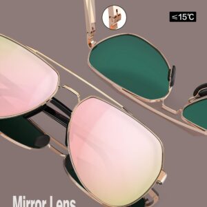 LUENX Women Aviator Sunglasses Polarized Shades Flexible Spring Hinge - Pink Mirror Lens Rose Gold Metal Frame 60mm