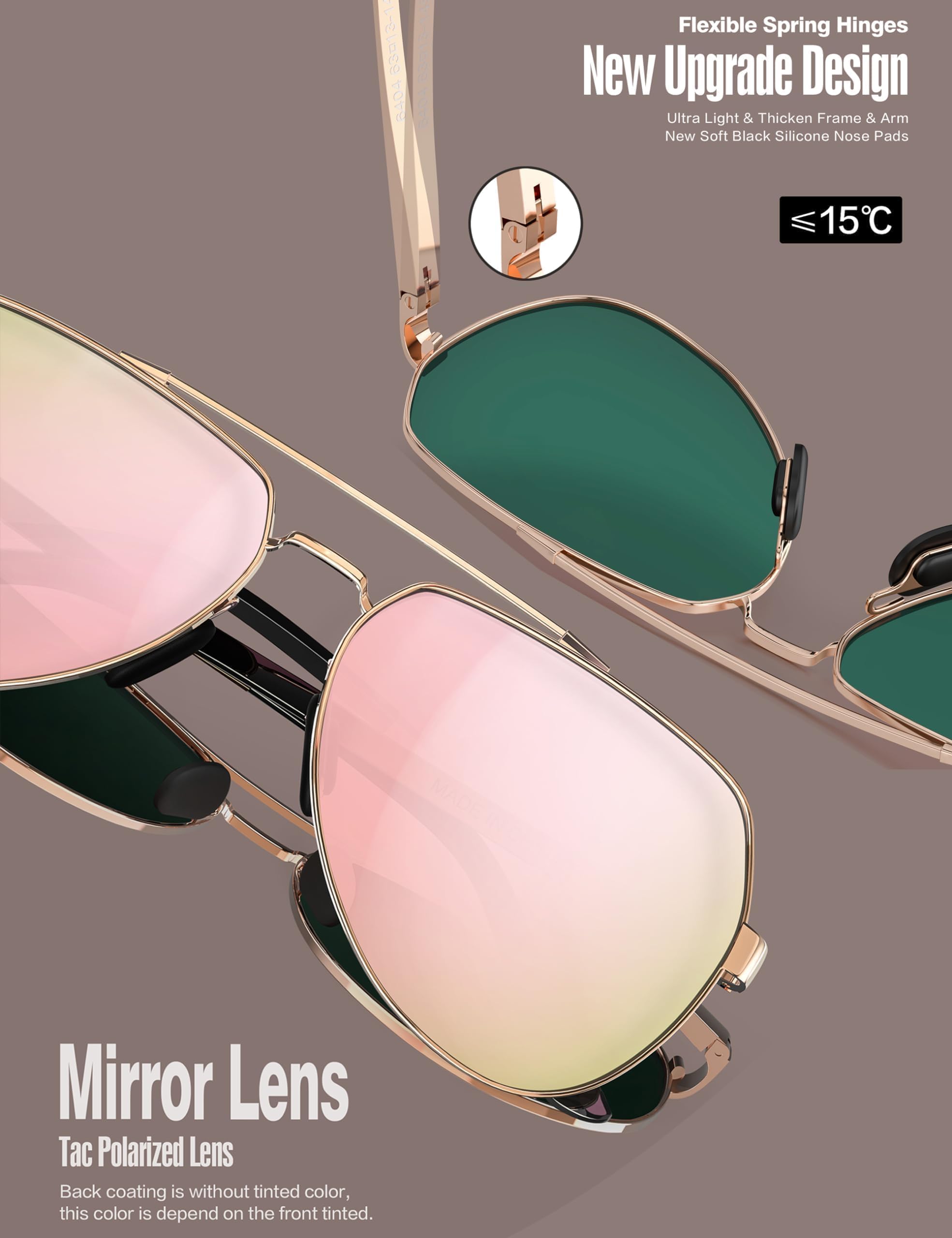 LUENX Women Aviator Sunglasses Polarized Shades Flexible Spring Hinge - Pink Mirror Lens Rose Gold Metal Frame 60mm