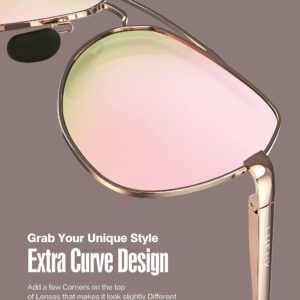 LUENX Women Aviator Sunglasses Polarized Shades Flexible Spring Hinge - Pink Mirror Lens Rose Gold Metal Frame 60mm