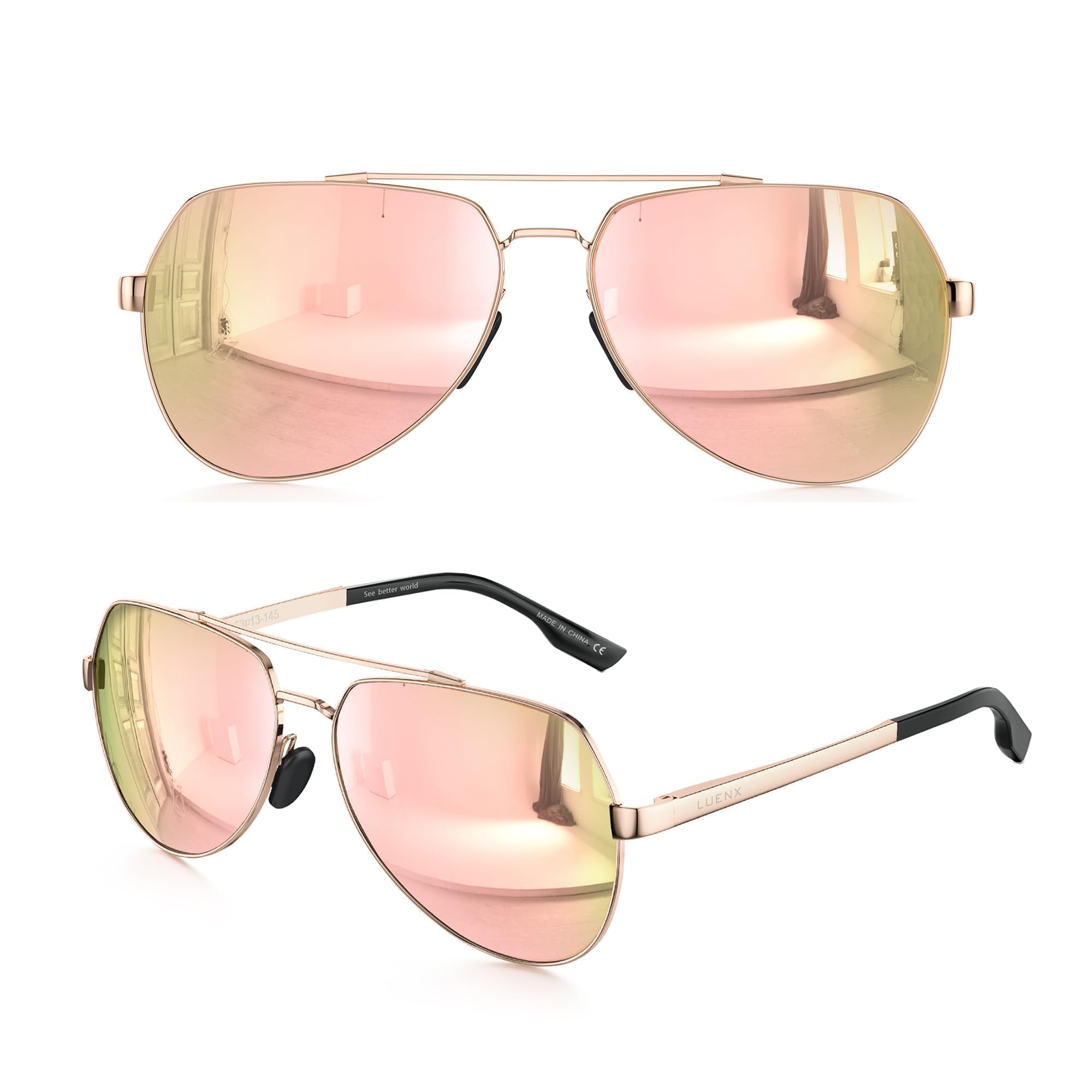 LUENX Women Aviator Sunglasses Polarized Shades Flexible Spring Hinge - Pink Mirror Lens Rose Gold Metal Frame 60mm