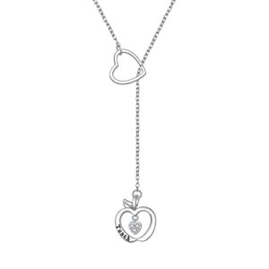 teacher appreciation jewelry from students, 925 sterling silver teach heart apple y lariat drop long necklace inspirational teacher jewelry for women teachers, 24 inches