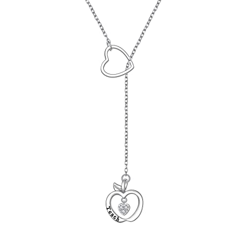 Teacher Appreciation Jewelry from Students, 925 Sterling Silver Teach Heart Apple Y Lariat Drop Long Necklace Inspirational Teacher Jewelry for Women Teachers, 24 inches