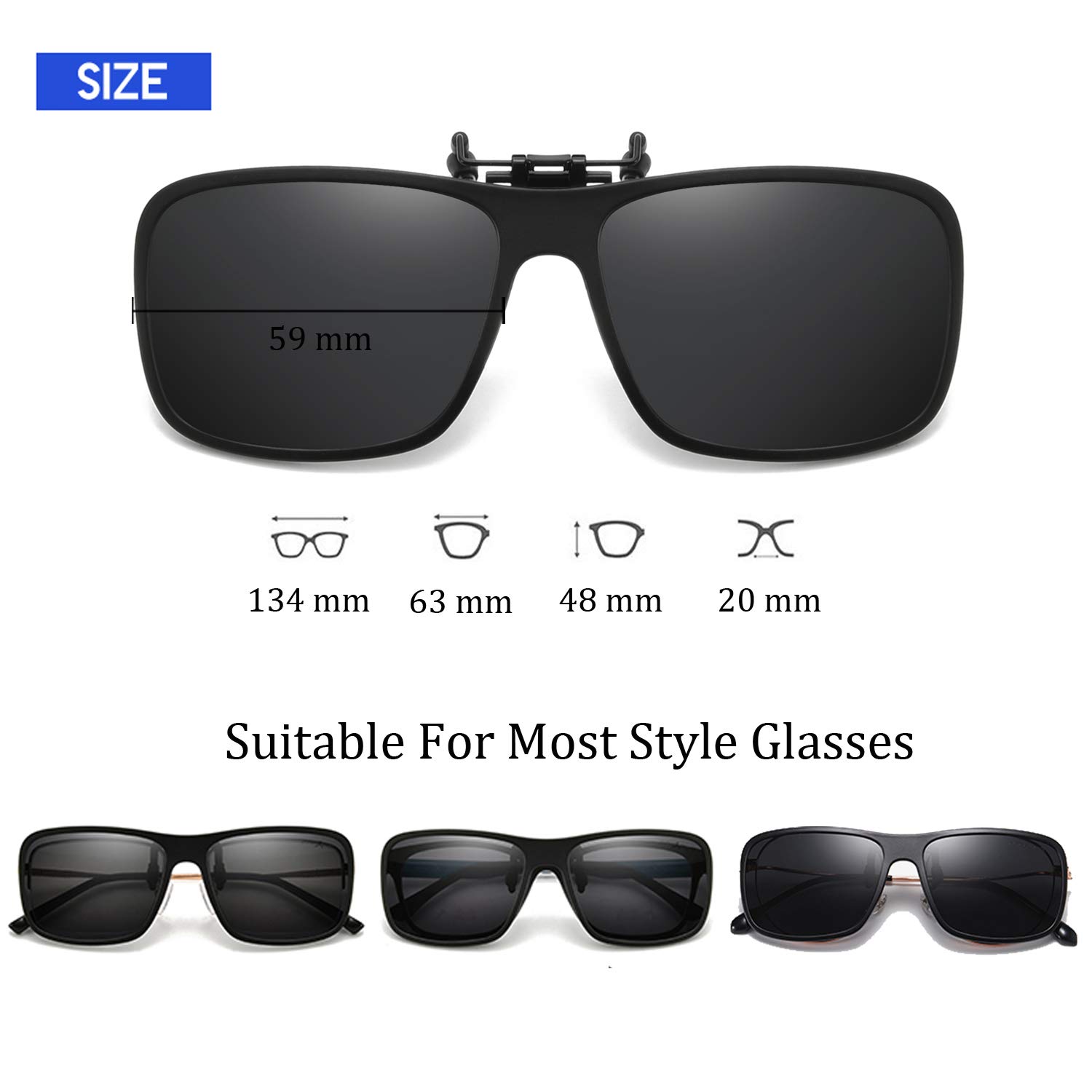 OopsMi Clip-on Sunglasses Polarized Unisex Anti-Glare Driving Glasses Flip Up Design For Prescription Glasses (Black Lens)