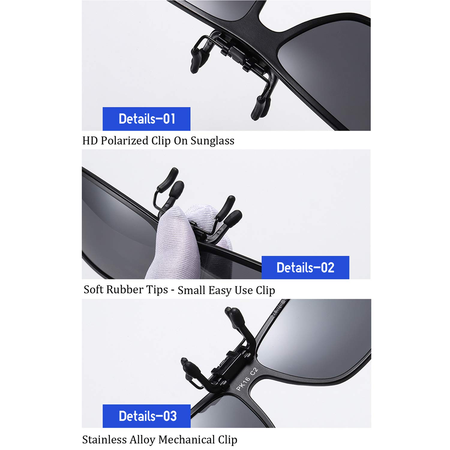 OopsMi Clip-on Sunglasses Polarized Unisex Anti-Glare Driving Glasses Flip Up Design For Prescription Glasses (Black Lens)