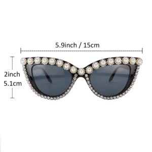 FUPRECIOUS Oversized Cat Eye Sunglasses for Women Handmade Rhinestone Pearl Plastic Frame