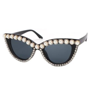 FUPRECIOUS Oversized Cat Eye Sunglasses for Women Handmade Rhinestone Pearl Plastic Frame