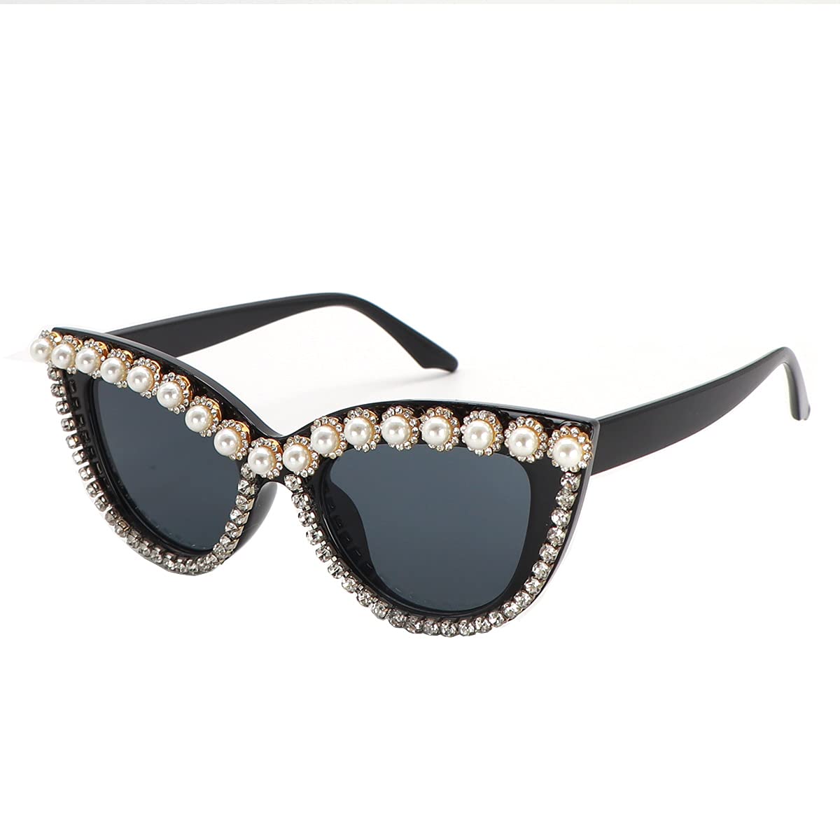 FUPRECIOUS Oversized Cat Eye Sunglasses for Women Handmade Rhinestone Pearl Plastic Frame