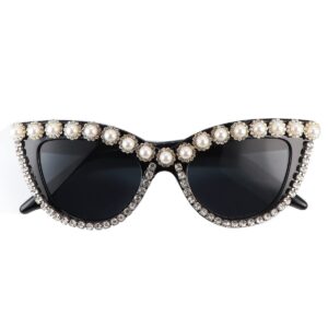 FUPRECIOUS Oversized Cat Eye Sunglasses for Women Handmade Rhinestone Pearl Plastic Frame