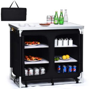 giantex camping cook table kitchen station with storage organizer and carrying bag, for bbq party picnics backyards and tailgating, portable outdoor aluminum cooking bbq table (black)