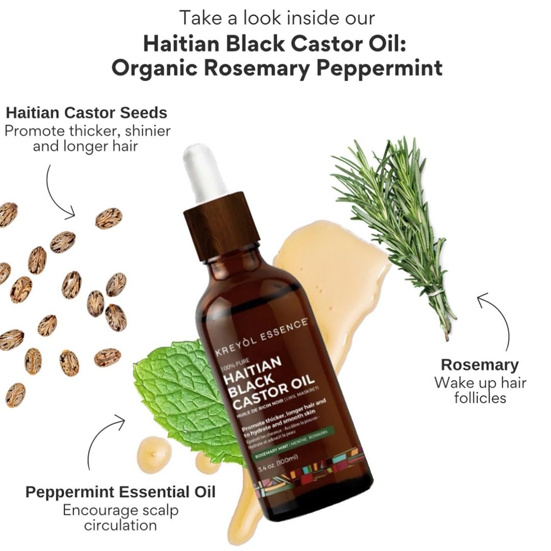 Kreyol Essence - Rosemary Peppermint Haitian Black Castor Oil for Skin and Hair, 2 Oz Glass Bottle - Rosemary Oil, Organic, hexane Free, Natural Humectant, Hair Growth.