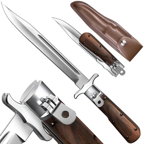 Grand Way 12.2" Retro Folding Knife with Wood Handle & Leather Sheath - 7.8" Long Foldable Sharp Blade - Large Pocket Knife for Men Camping Hunting Survival Work 12 KG…