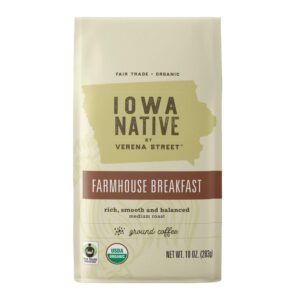 iowa native fair trade organic 10 ounce ground coffee, farmhouse breakfast medium roast