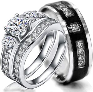 3 pcs his & hers, sterling silver & titanium wedding rings set. available sizes women's 5-10; men's 7-13. email us sizes that you need (size his 09, hers 09)