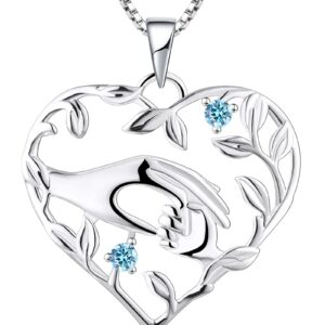 YL Mother Necklace Sterling Silver Mum Daughter Pendant Created Aquamarine Mum Hold Child's Hand Heart Necklace Gifts for Moms