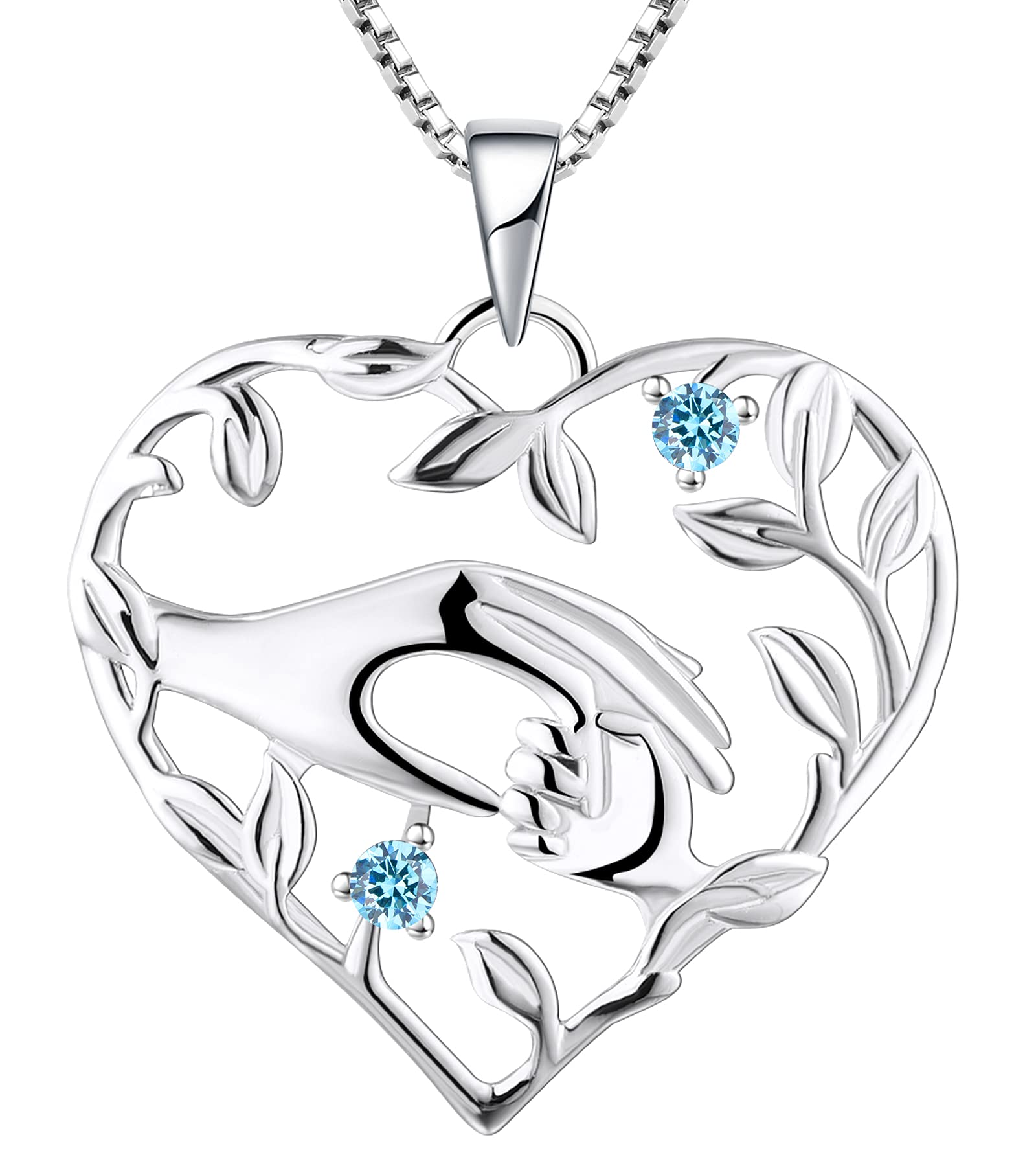 YL Mother Necklace Sterling Silver Mum Daughter Pendant Created Aquamarine Mum Hold Child's Hand Heart Necklace Gifts for Moms