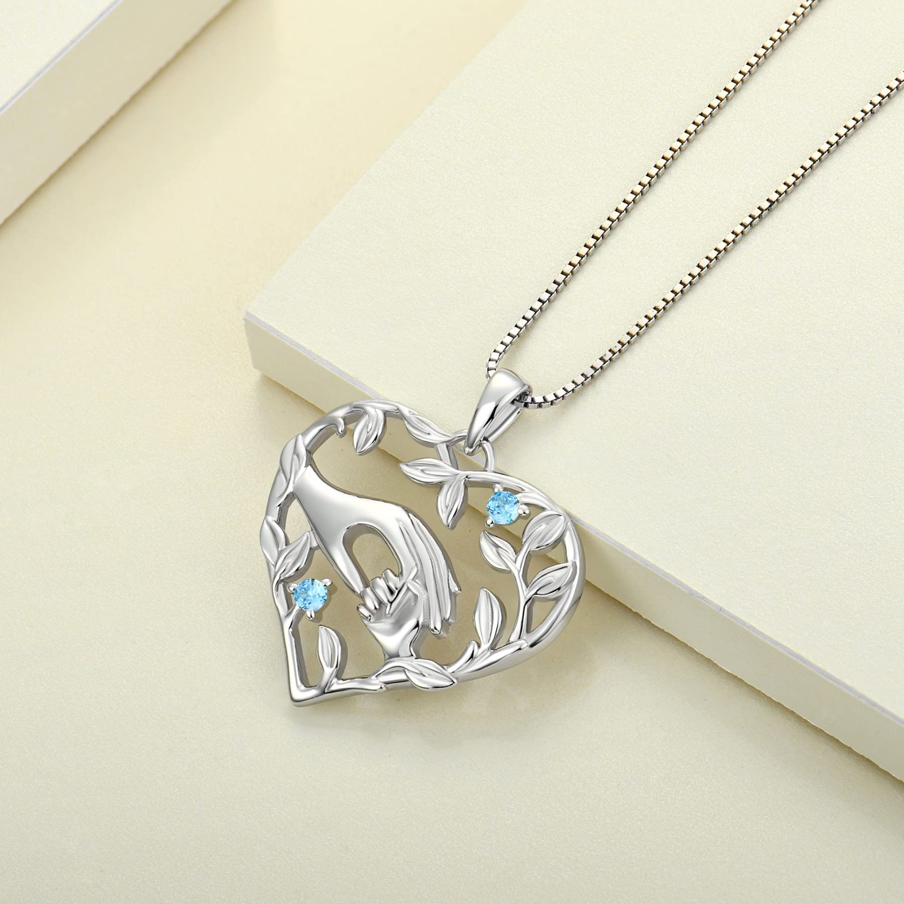 YL Mother Necklace Sterling Silver Mum Daughter Pendant Created Aquamarine Mum Hold Child's Hand Heart Necklace Gifts for Moms