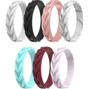 thunderfit silicone wedding rings for women, leaf design rubber engagement bands 5.2mm wide 2mm thick - 1/4/7 variety multipack (pack l - size 4.5-5 (15.7mm))