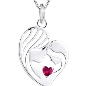 YL Mother and Daughter Necklace 925 Sterling Silver Mum Hold Child Heart Pendant Created Ruby Necklace Gifts for Moms