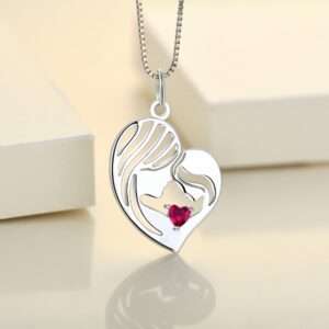 YL Mother and Daughter Necklace 925 Sterling Silver Mum Hold Child Heart Pendant Created Ruby Necklace Gifts for Moms