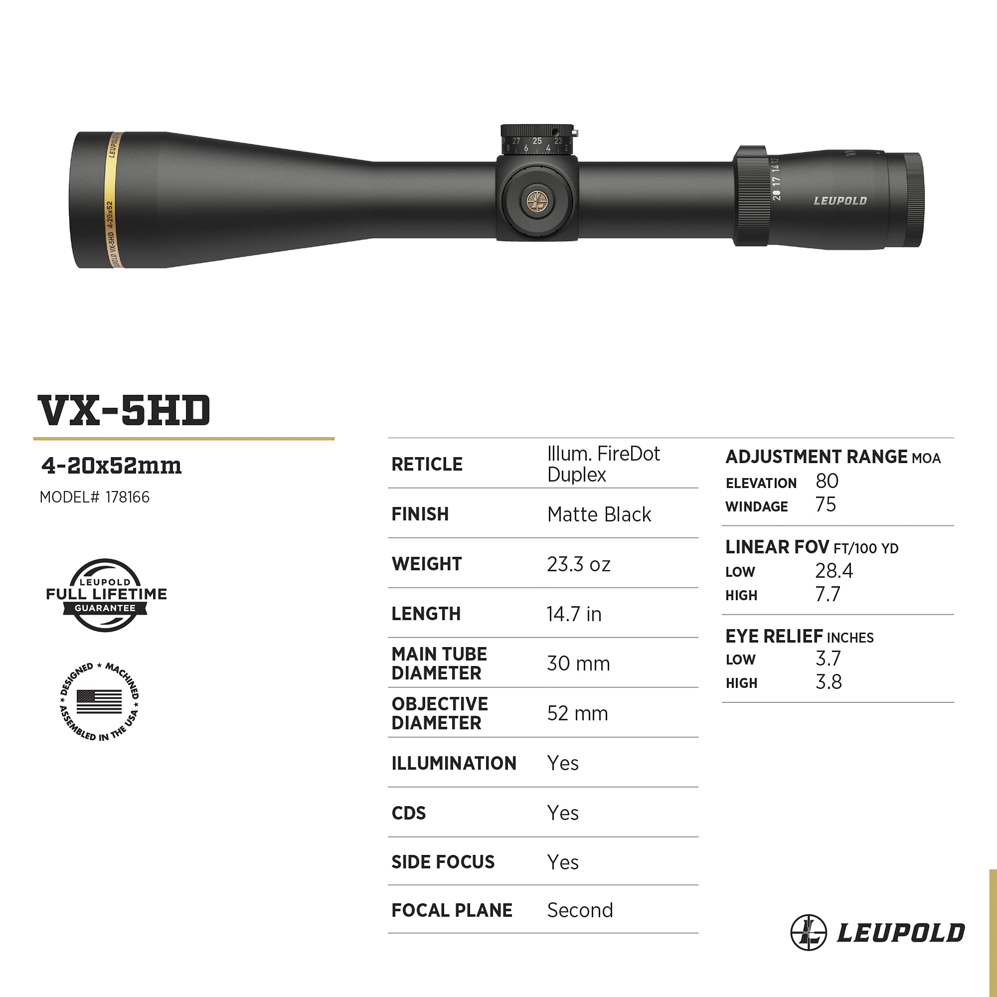 Leupold VX-5HD 4-20x52 (34mm) CDS-ZL2 Side Focus Illum. FireDot Duplex Reticle Riflescope