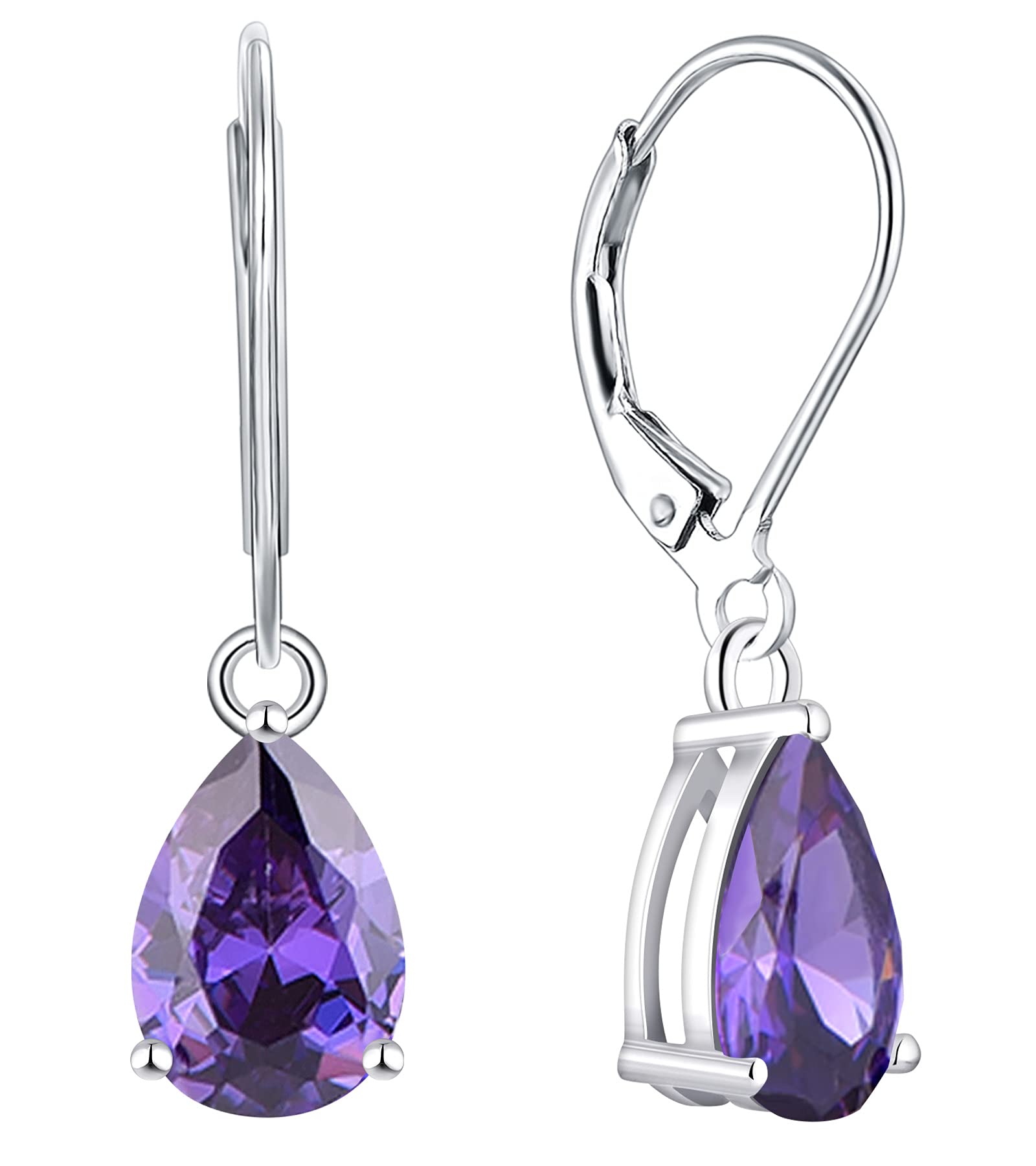 YL Dangle Drop Earrings Sterling Silver Solitaire Leverback Earring 7x10 MM Teardrop Created Amethyst Jewelry for Women