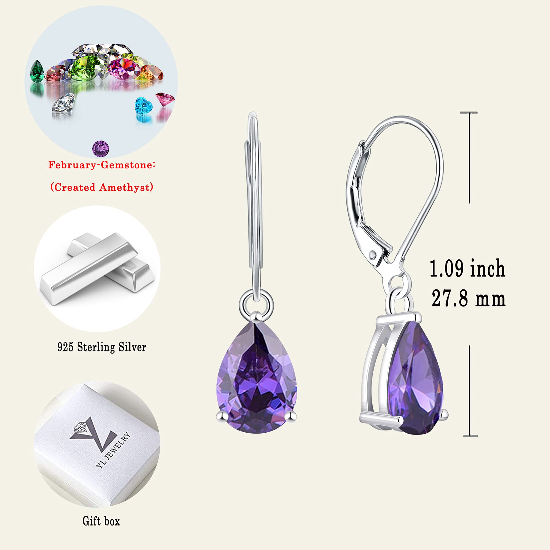 YL Dangle Drop Earrings Sterling Silver Solitaire Leverback Earring 7x10 MM Teardrop Created Amethyst Jewelry for Women