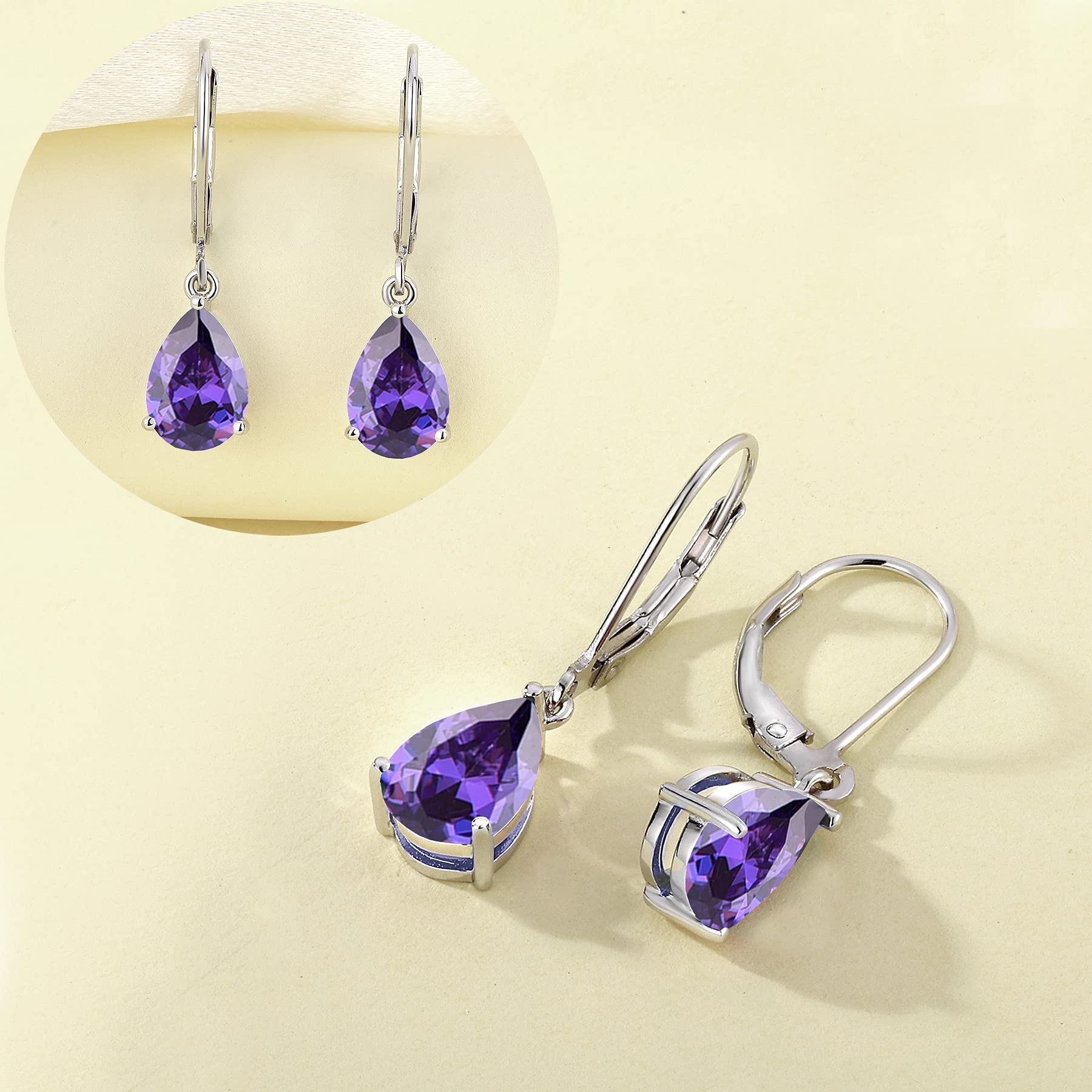 YL Dangle Drop Earrings Sterling Silver Solitaire Leverback Earring 7x10 MM Teardrop Created Amethyst Jewelry for Women