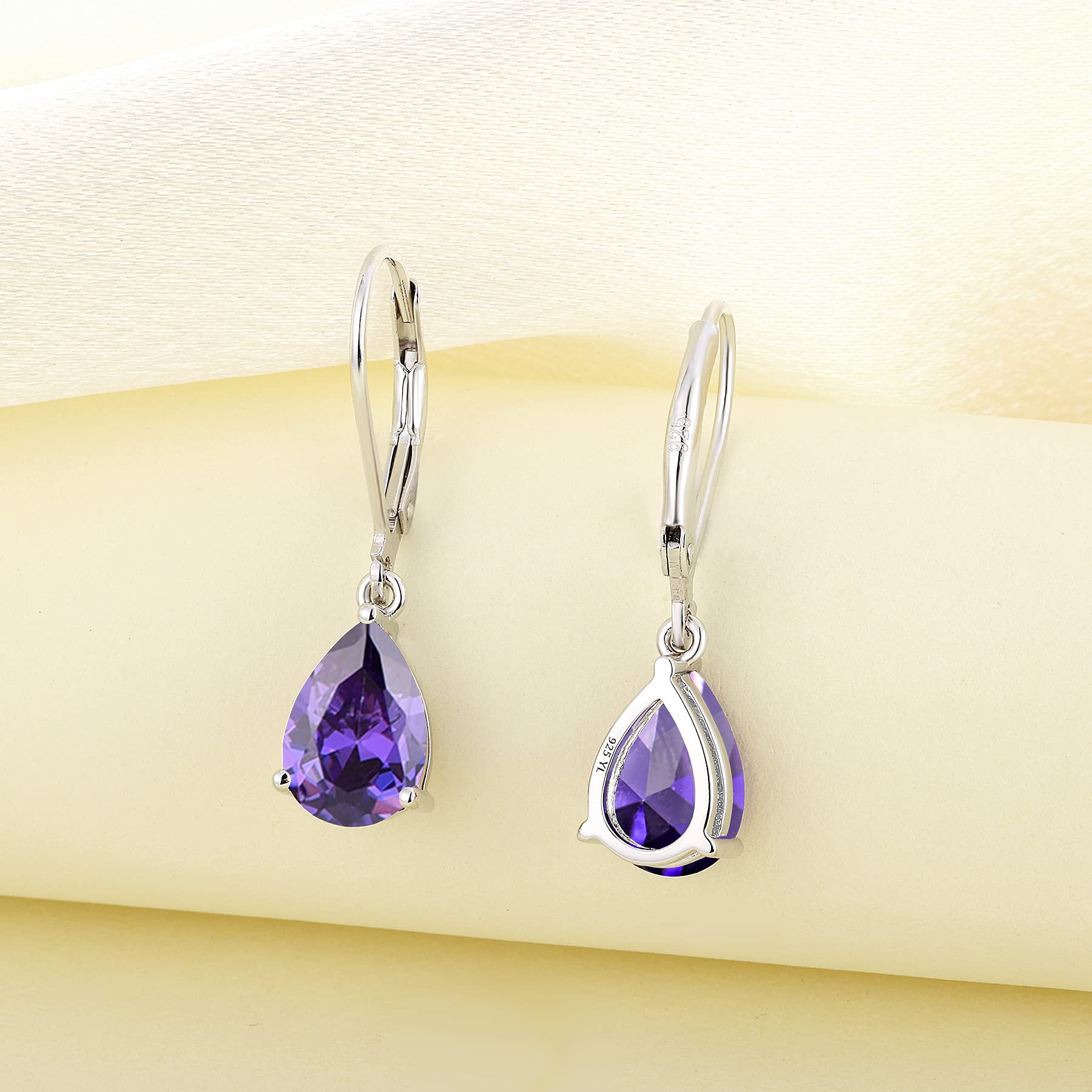 YL Dangle Drop Earrings Sterling Silver Solitaire Leverback Earring 7x10 MM Teardrop Created Amethyst Jewelry for Women