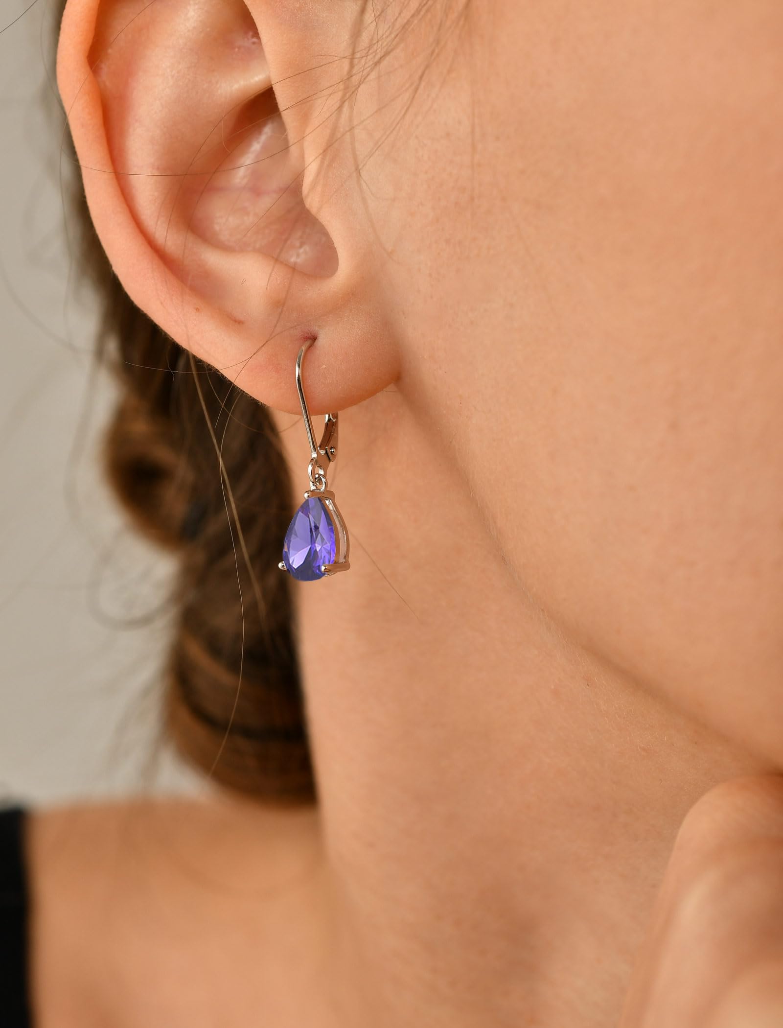 YL Dangle Drop Earrings Sterling Silver Solitaire Leverback Earring 7x10 MM Teardrop Created Amethyst Jewelry for Women