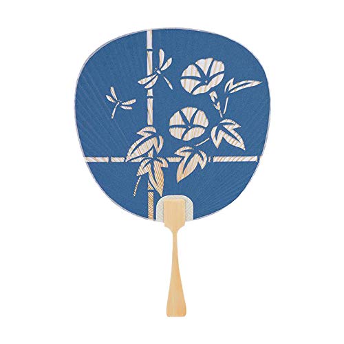 伏見上野旭昇堂 Miyako Fan Bamboo Pattern Crepe Carving Morning Glory Dragonfly (Navy Blue) 132