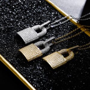 TOPGRILLZ 14K Gold Plated Iced out Lock Pendant Necklace for Women and Women Punk Rock Egirl Eboy Aesthetic Chains Collection Gifts (White Gold)