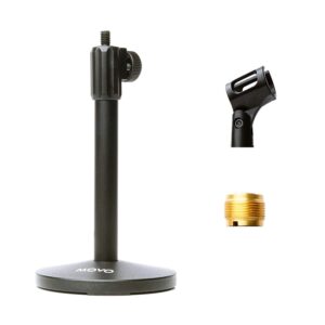 movo tmc-3 small adjustable table mic stand with round base and universal mic clip. table top mic stand height is adjustable with weighted base sits on desk ideal for podcast, livestream, & interviews