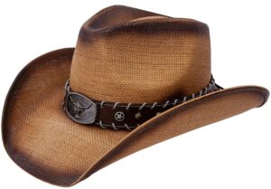 queue essentials men & women's woven straw cowboy cowgirl hat western outback w/wide brim (long horn)