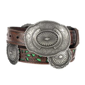 ariat women's western belt, turquoise with tan floral embossed strap, silver conchos, 1-1/4" width, x-large (42" waist)