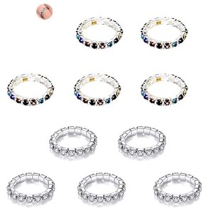 jinyu 10 pcs rhinestone 1 rows crystals inlaid paved jewelry stretch elastic finger ring for women silver, colorful