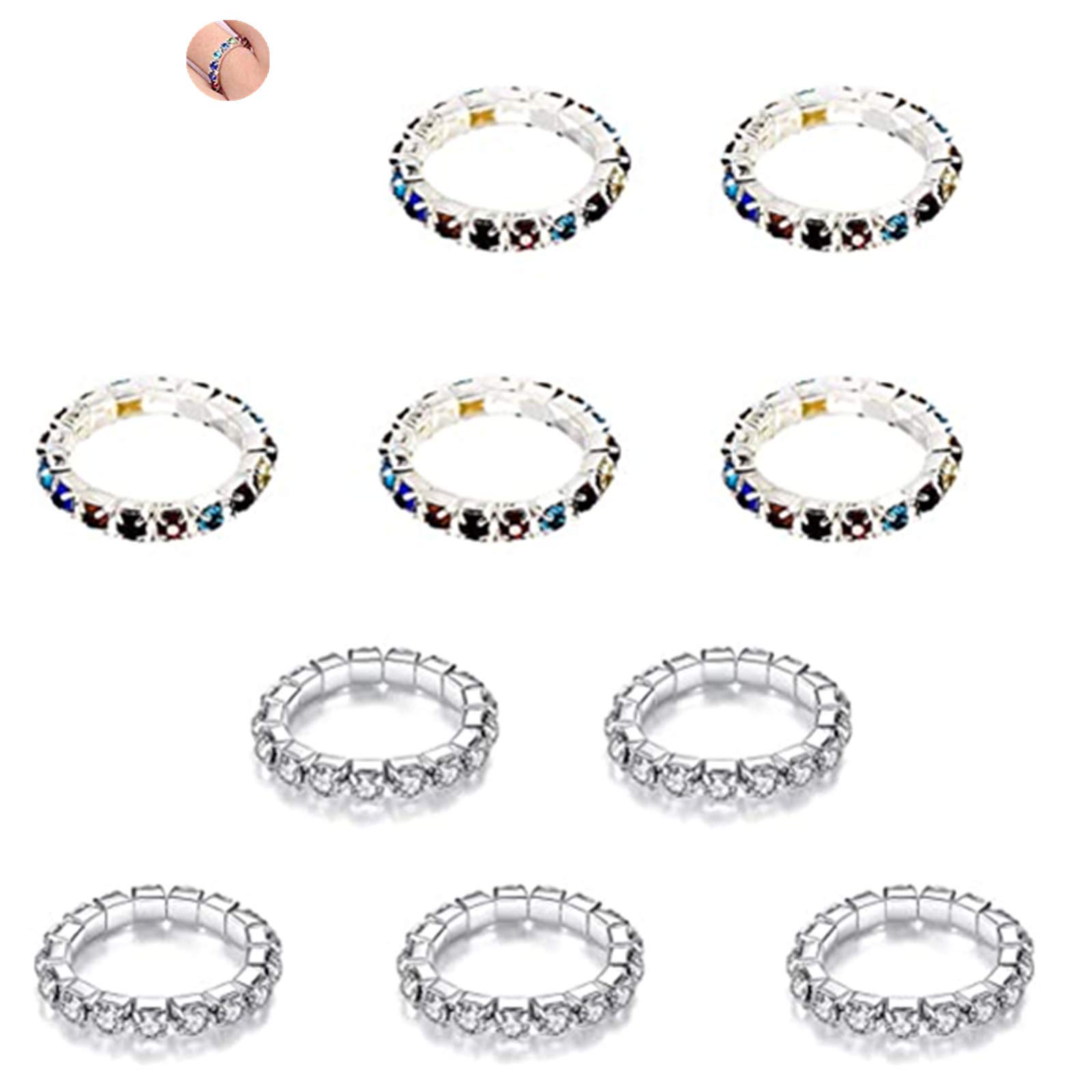 JinYu 10 Pcs Rhinestone 1 Rows Crystals Inlaid Paved Jewelry Stretch Elastic Finger Ring for Women Silver, Colorful