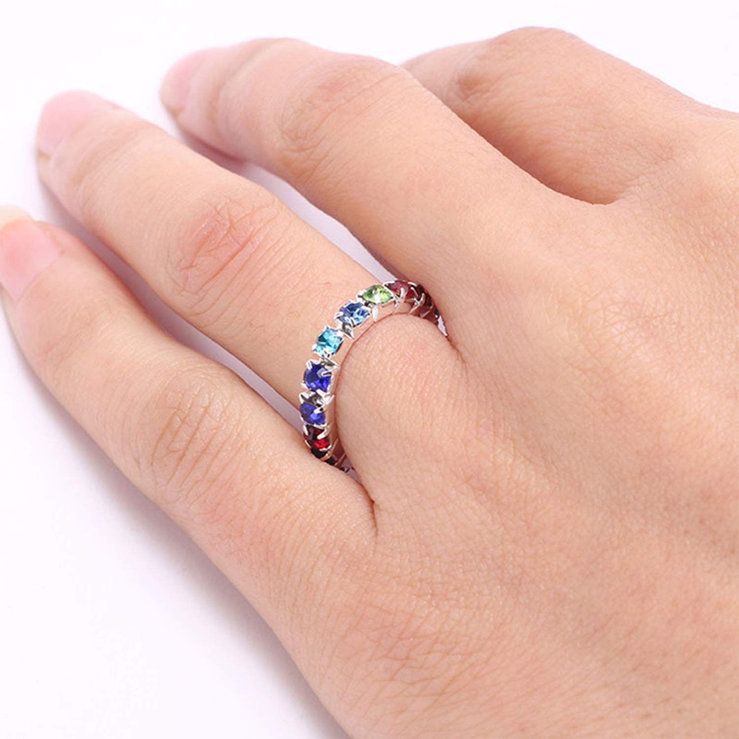 JinYu 10 Pcs Rhinestone 1 Rows Crystals Inlaid Paved Jewelry Stretch Elastic Finger Ring for Women Silver, Colorful