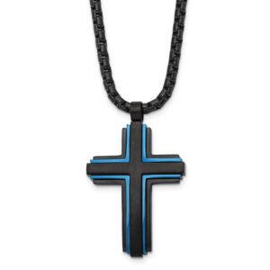 lex & lu stainless steel brushed, pol. black/blue ip-plated cross 24'' necklace