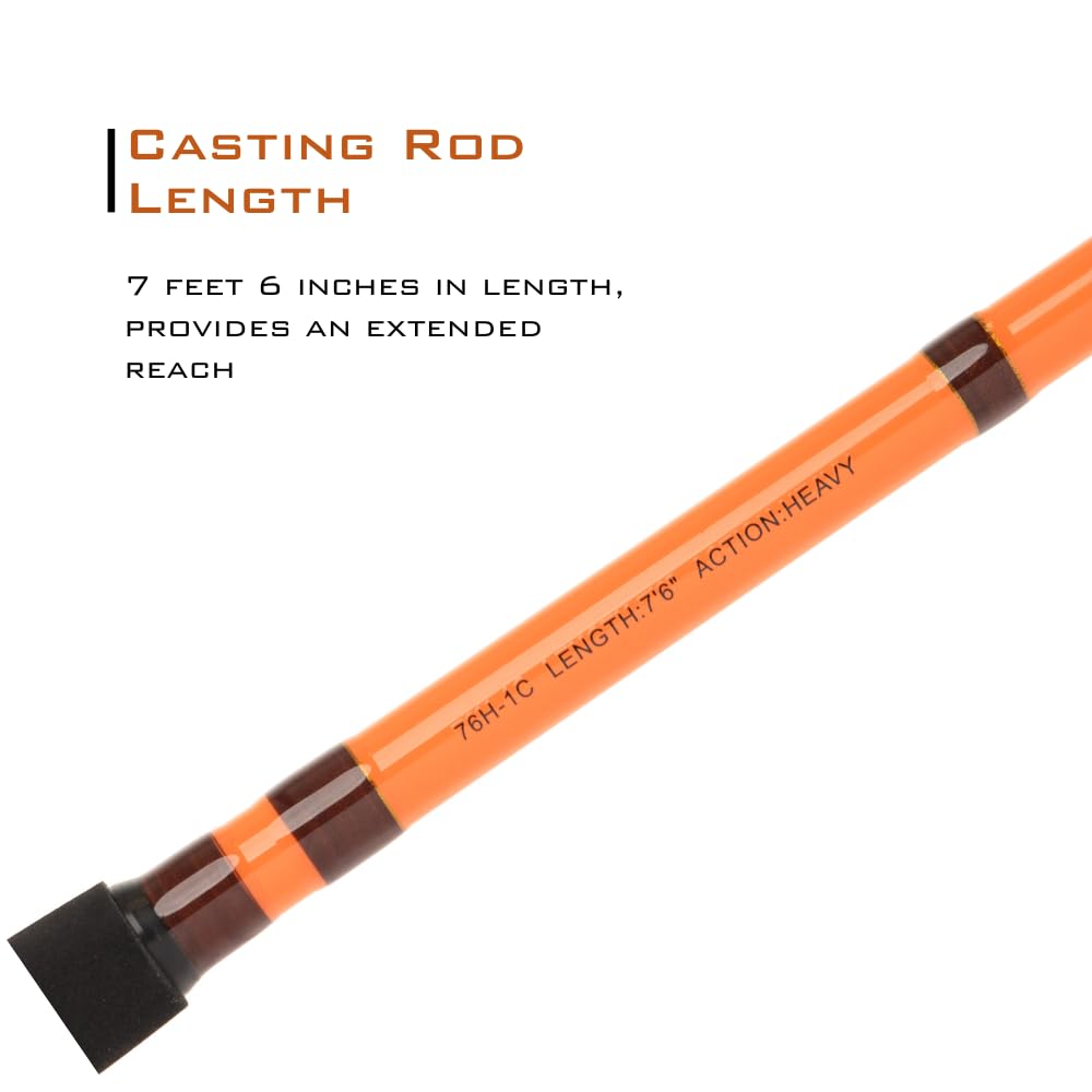 Catfish Pro Tournament Series Casting Rod - 7'6" One-Piece Rod with S-Glass, E-Glass & Carbon Graphite Construction, Super Grip, Glow Tip, Heavy-Duty Stainless-Steel Guides - Ideal for Big Catfishing!